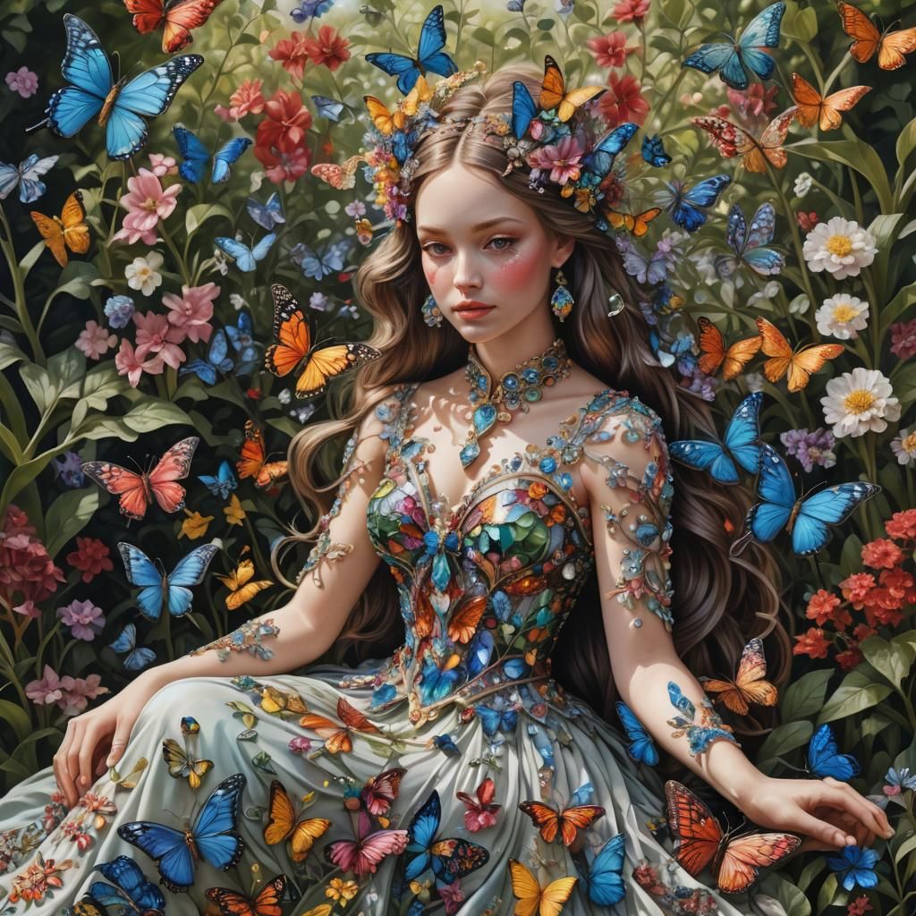 Hyper photo-realistic of a woman sitting in a garden. Her body displays ...