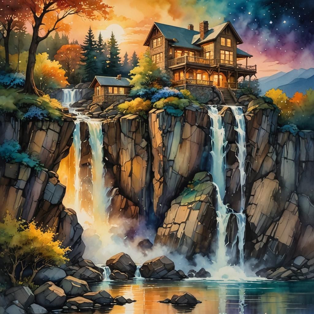 House on a waterfall (alcohol ink and watercolor) - AI Generated ...
