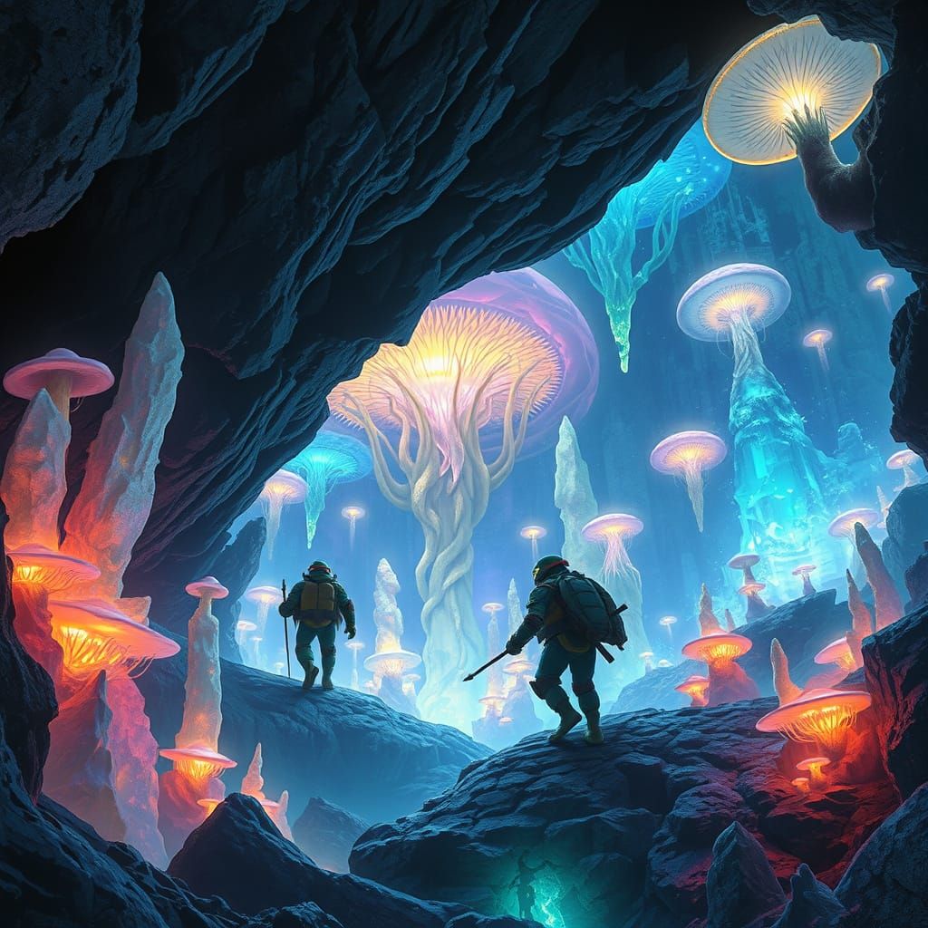 Surreal Ninja Turtles Cave Illuminated by Glowing ... - AI Art