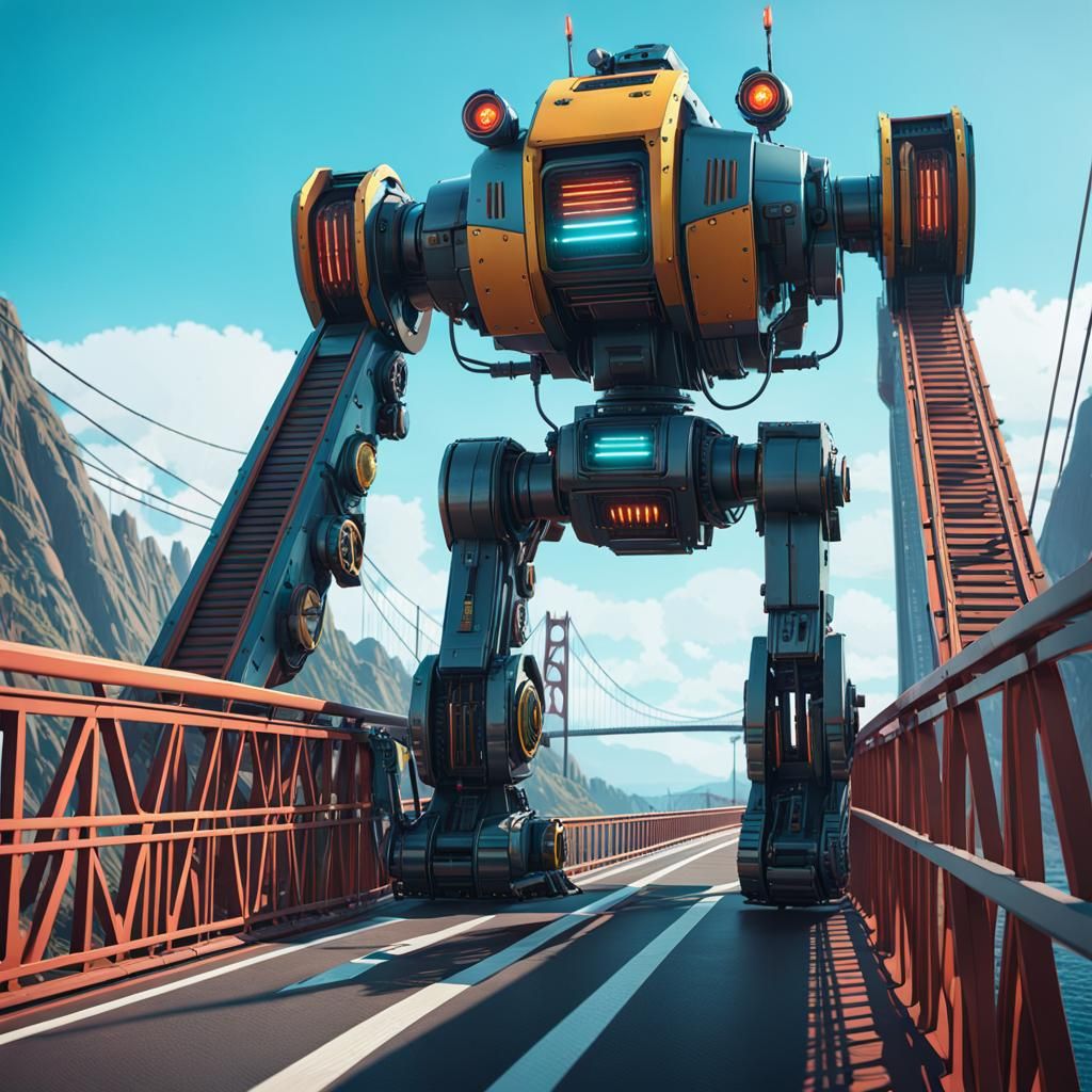 Robot crossing a bridge, side view, seen from the side, colorful style ...