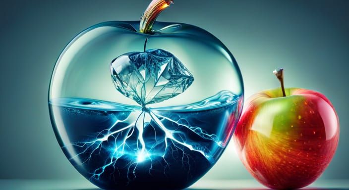 Hyper realistic glowing glass apple smoking with cosmic energy, cracked fractal effect, insane ...