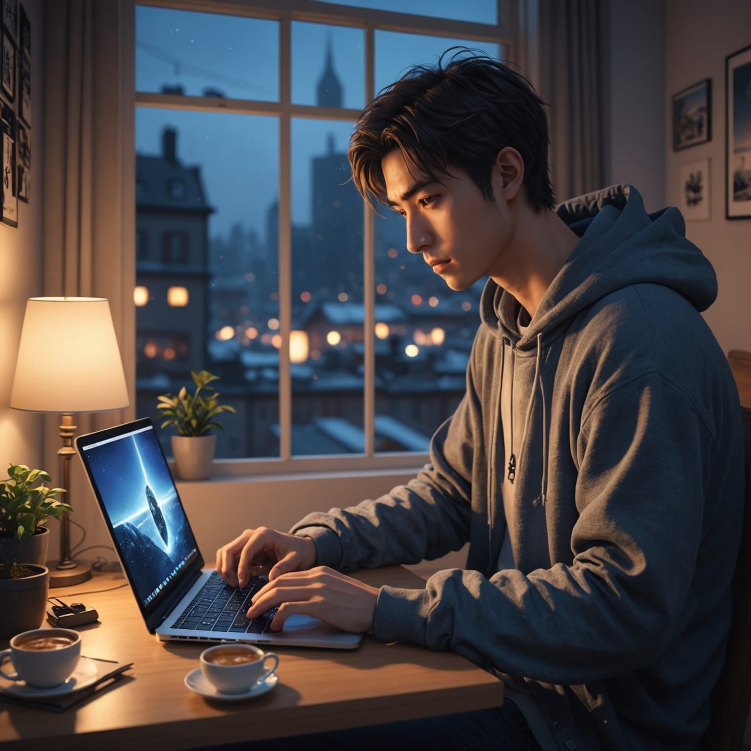 Cozy Programmer in a Warm Nighttime Scene - AI Art