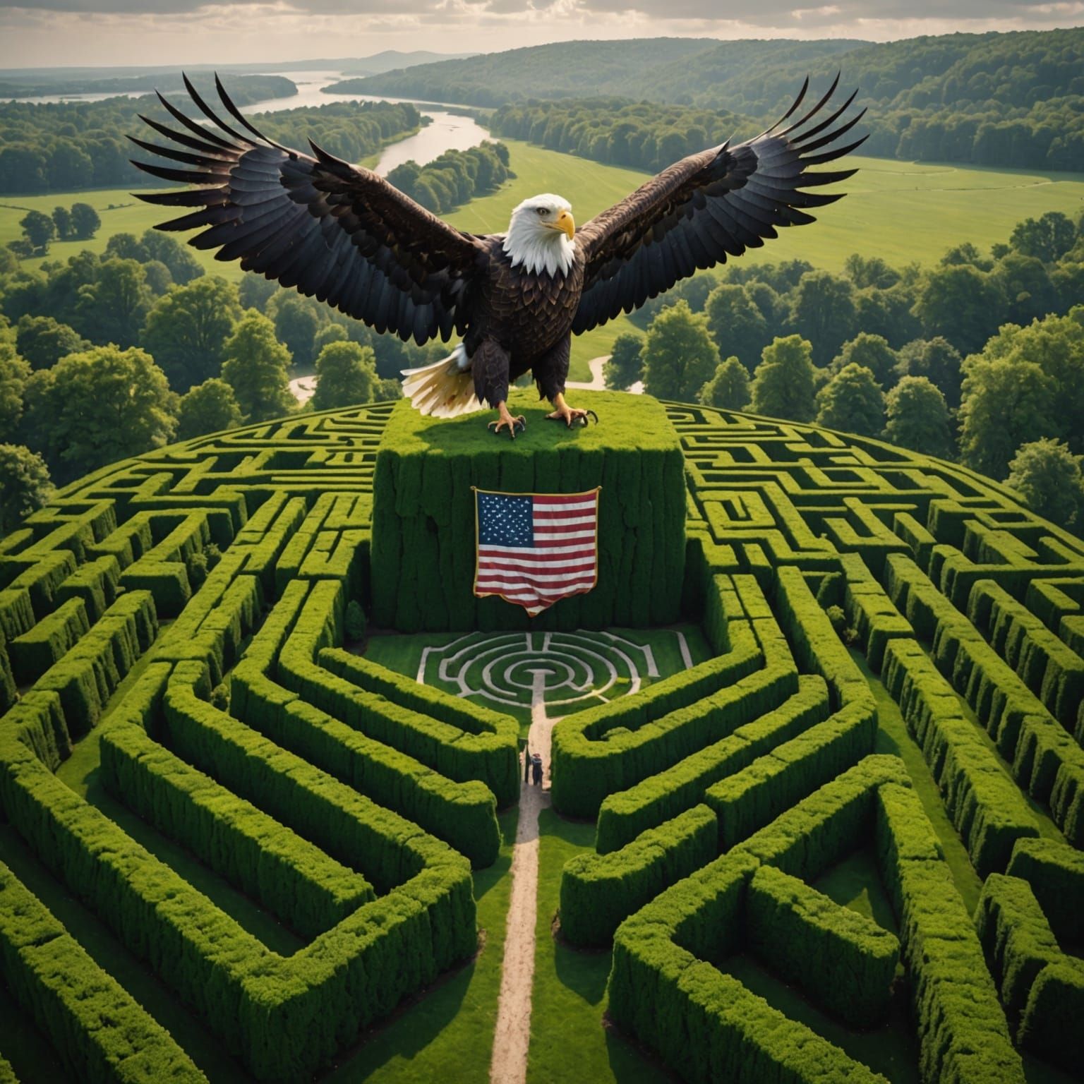 An epic bald eagle shaped hedge maze with a massive American flag flown ...