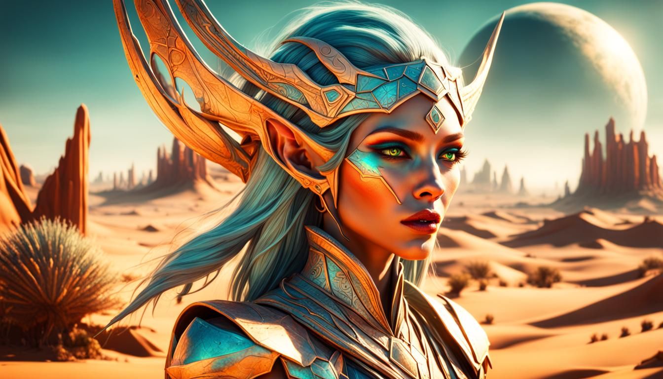 surreal retrofuturistic postcard of a beautiful desert elf, closeup ...