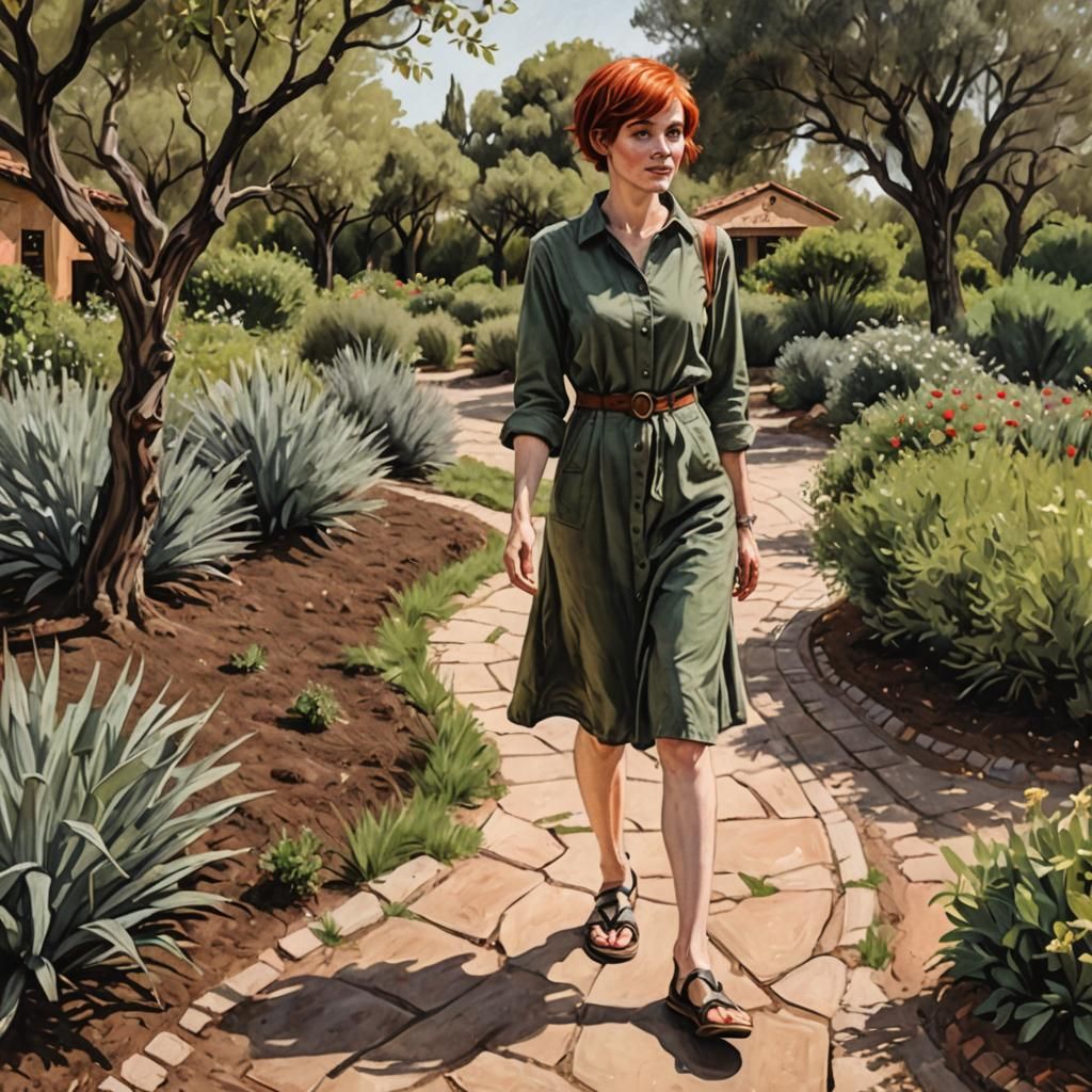 Redhead girl with a pixie cut walking barefoot in Olive Garden ...