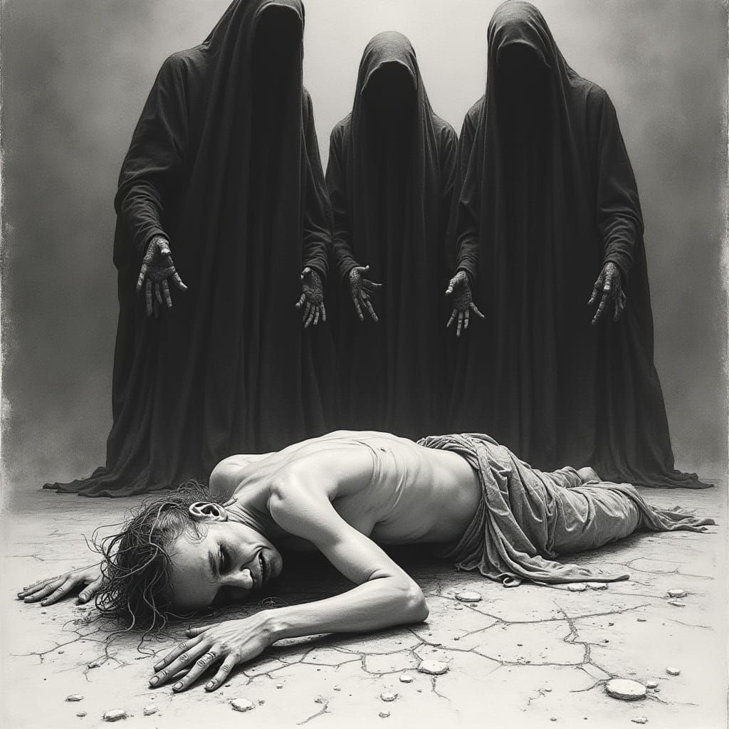 Frail Figure in Despair, Surrounded by Towering Sh... - AI Art