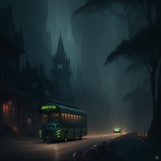 cucumber bus driving down a dark lane at night with it's headlights on ...