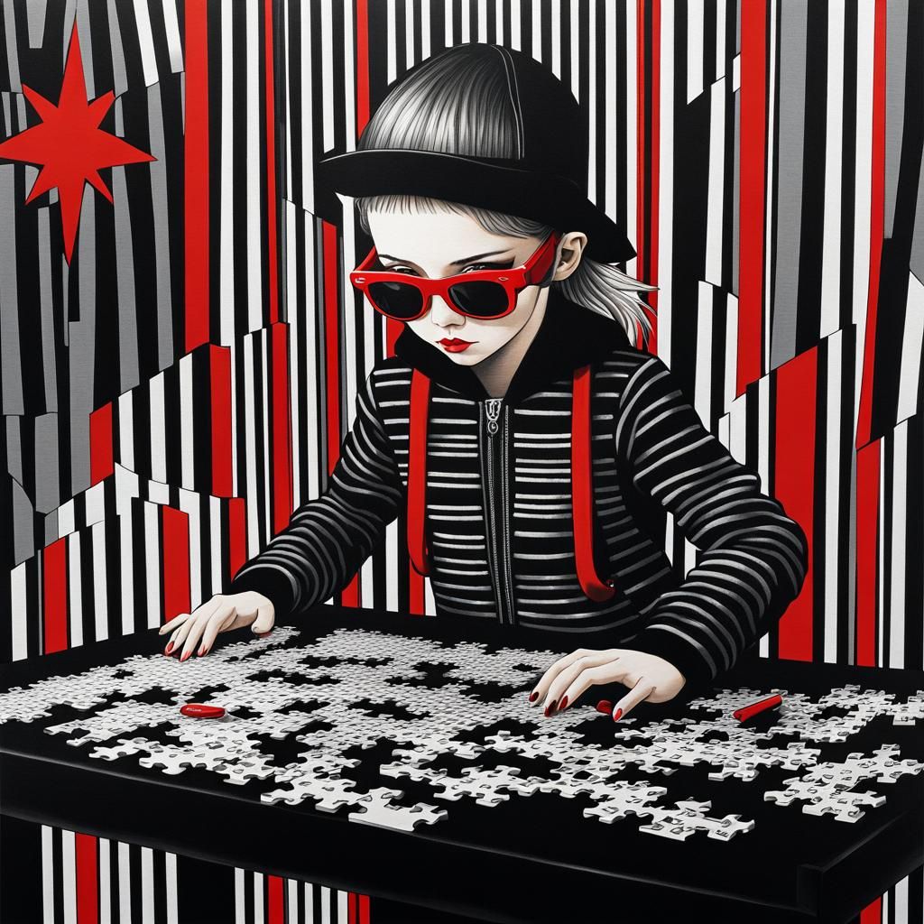 Wordsmith, Artwork of a chibi goth girl working on an intricate Word jigsaw puzzle by MC Escher ...