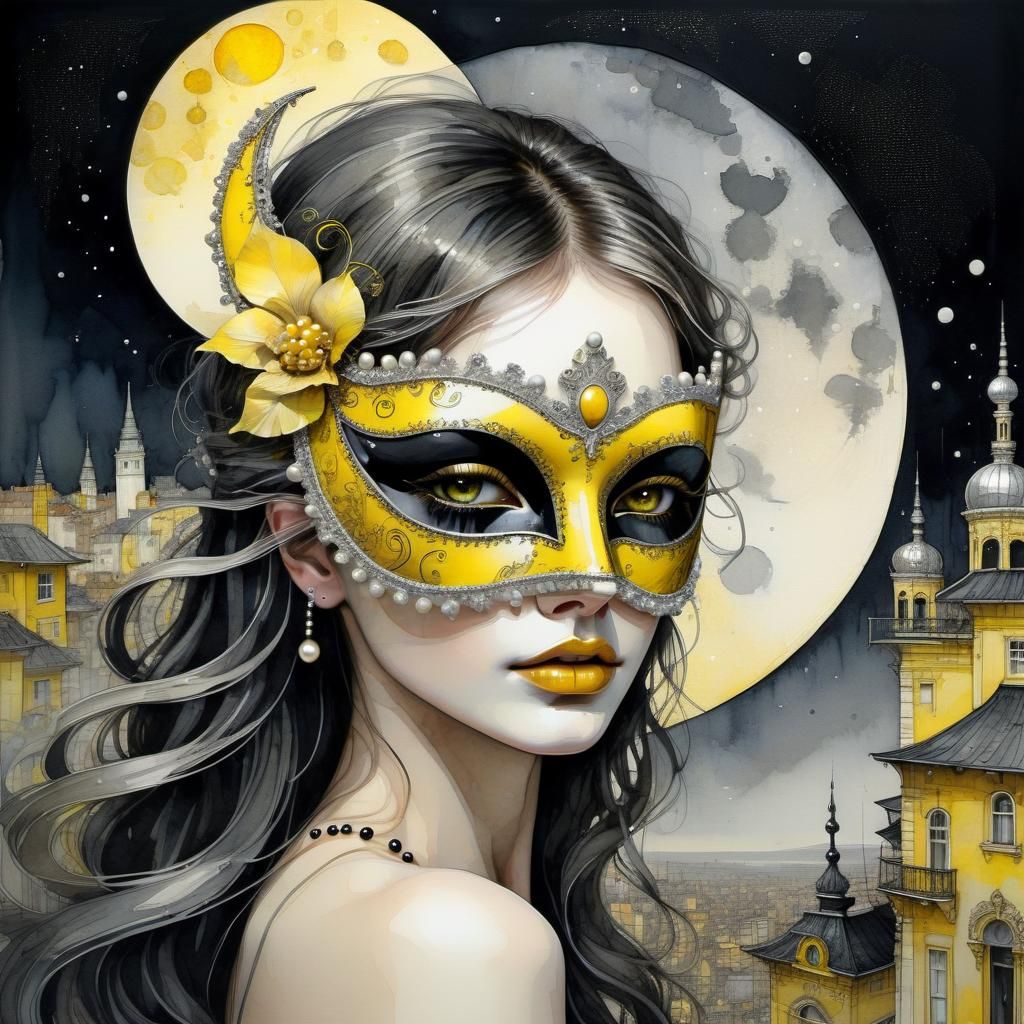 Stunningly beautiful woman wearing a black_yellow masquerade mask ...