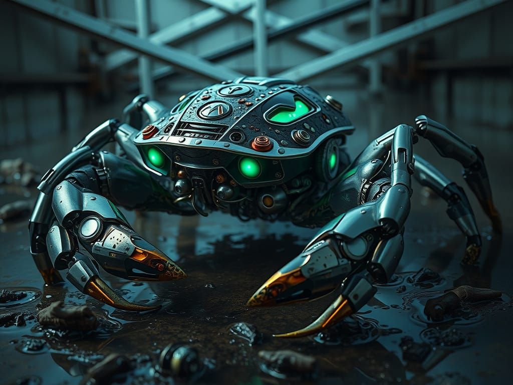 Cyber crab - Cybernetic Crab in Gritty Dystopian Wetland