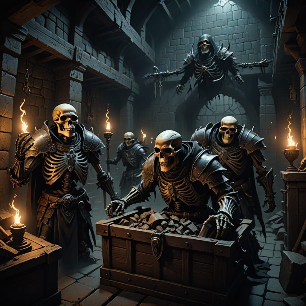 Armored Skeletons Guard Ancient Wooden Chest in Da... - AI Art