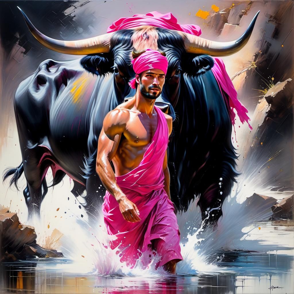 Handsome man in pink owerpovered a huge bull monster 🙂 - AI Generated ...