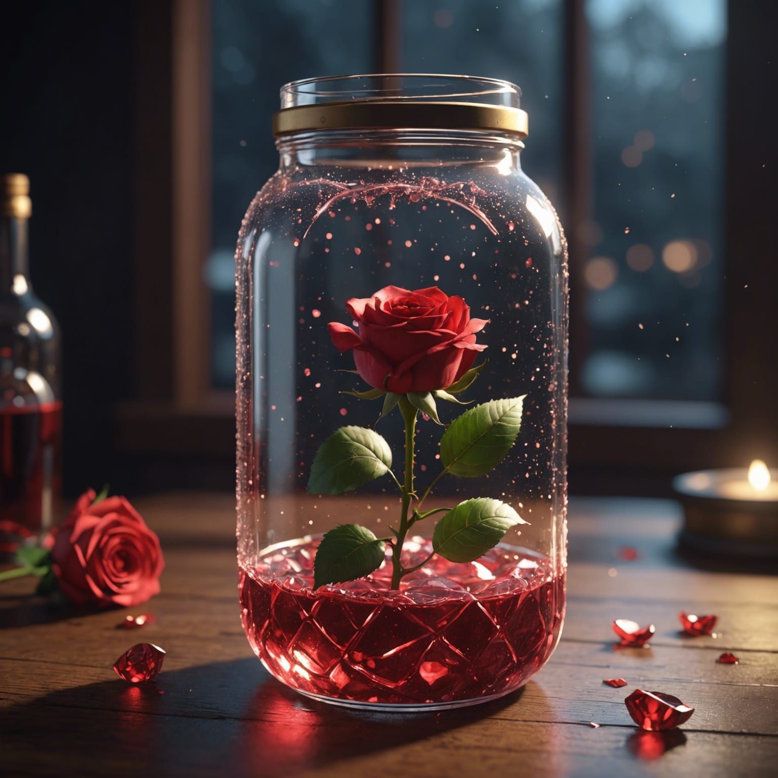 Red, sparkling rose in a jar - AI Generated Artwork - NightCafe Creator