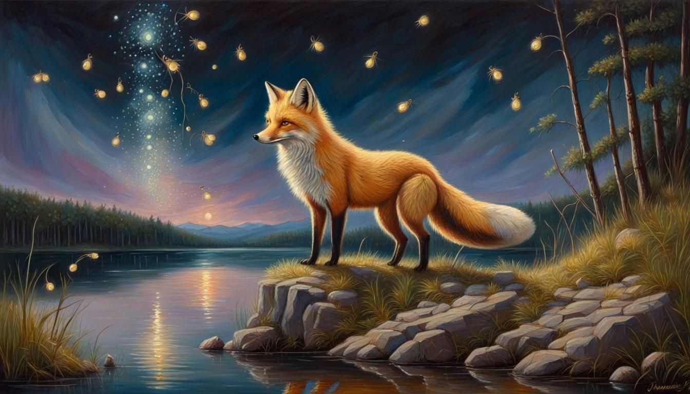 the little cute fluffy golden fox stood by the edge of the big lake ...