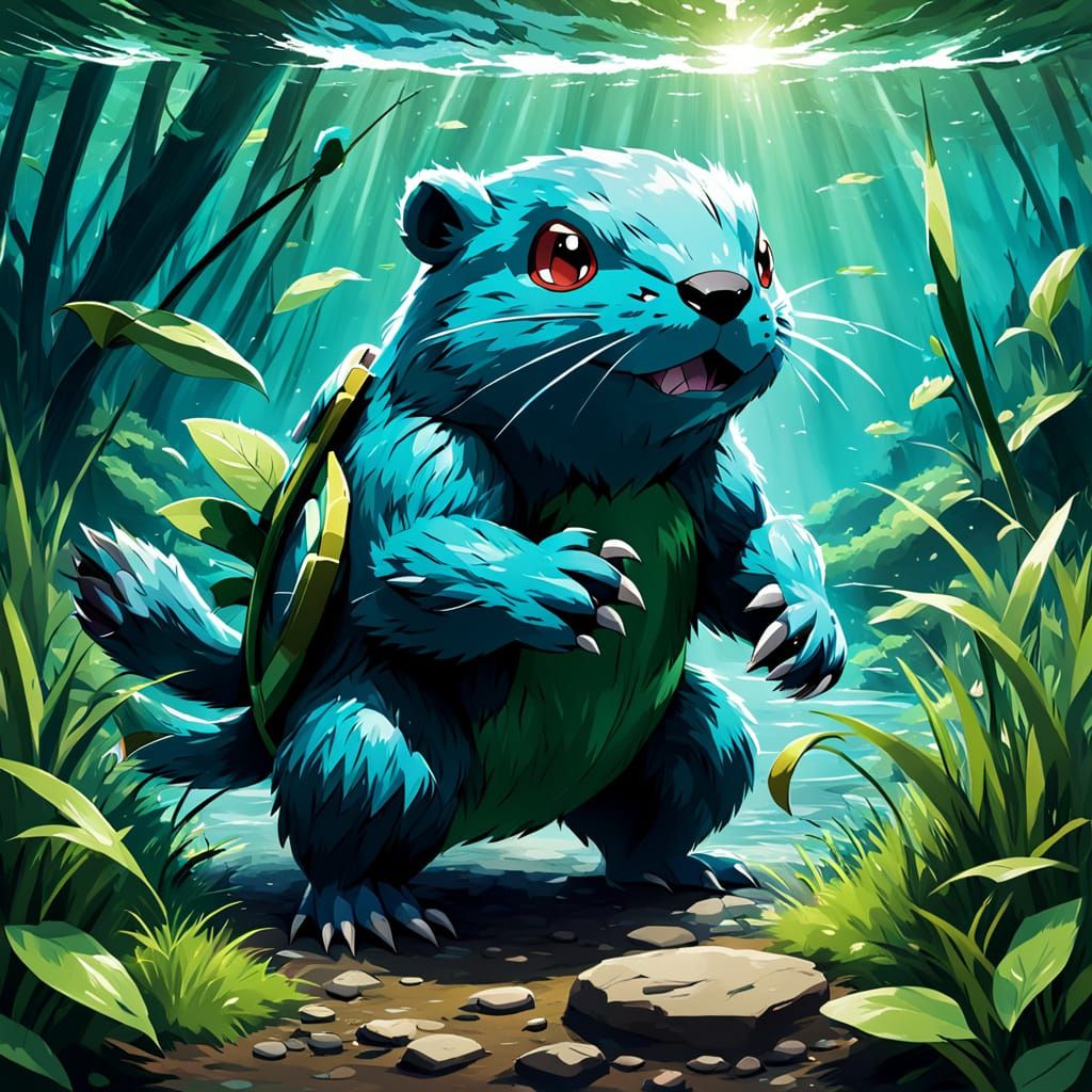Colossal Beaver Pokémon: Dark Green and Blue Titan - AI Art