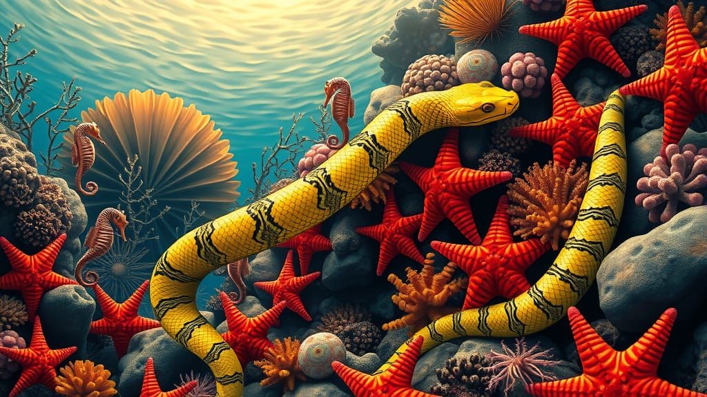 Vibrant Coral Reef Scene with Yellow Sea Snake and... - AI Art