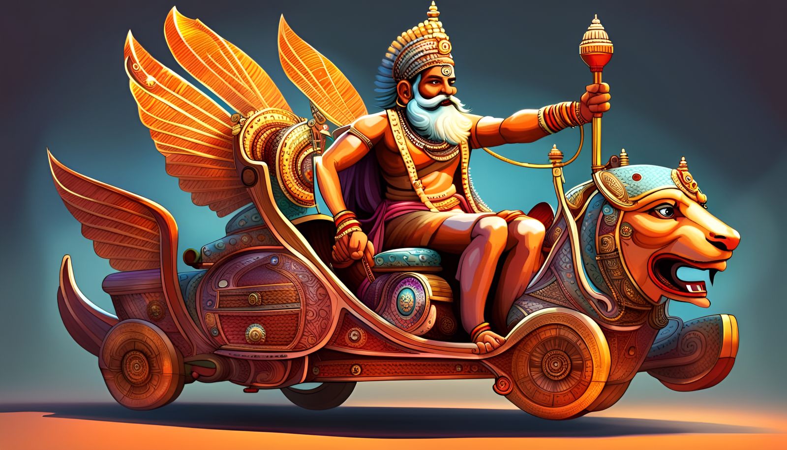 A mighty indian god riding an ancient indian chariot with modern blend ...
