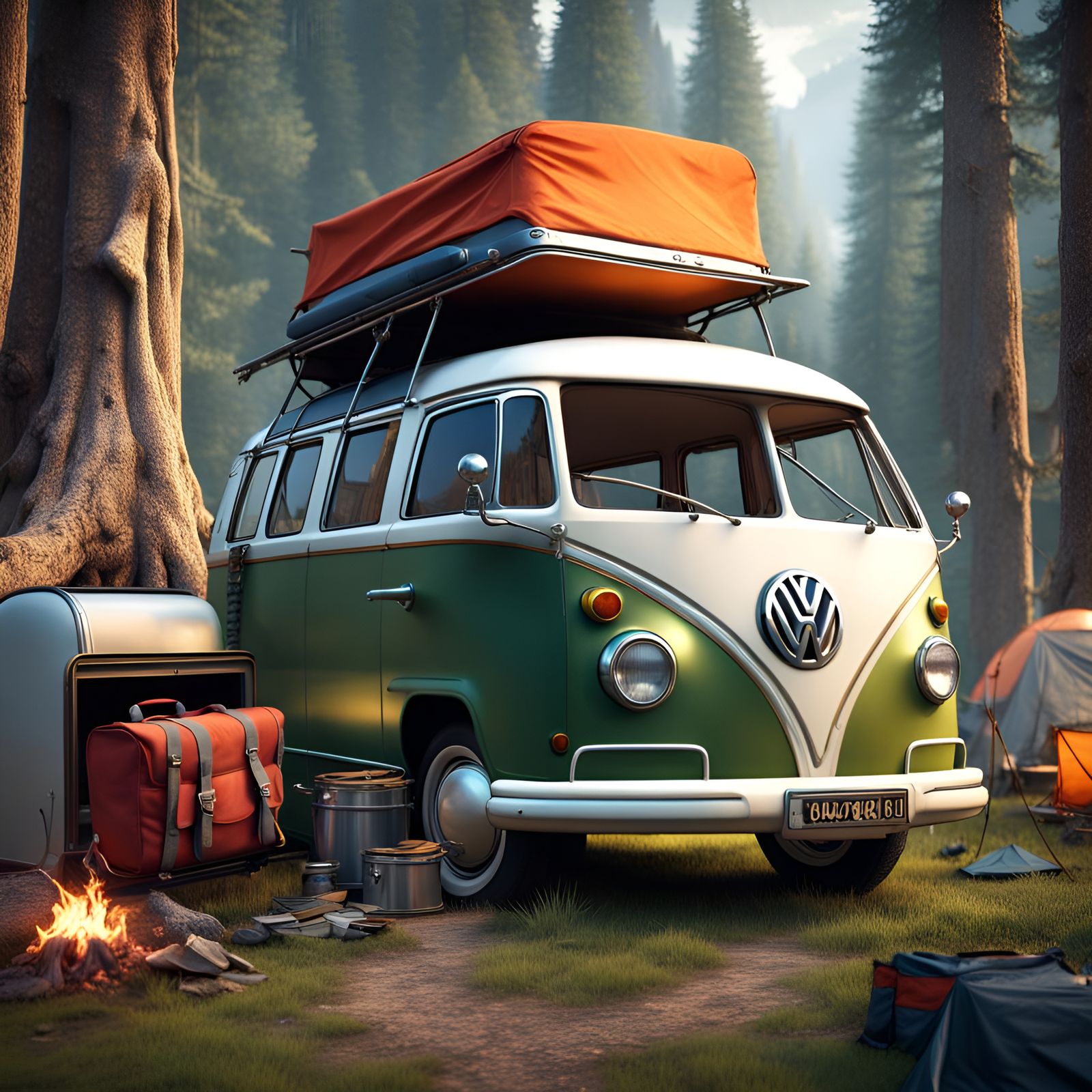"A VW bus in nature surrounded by camping equipment, comic book style ...