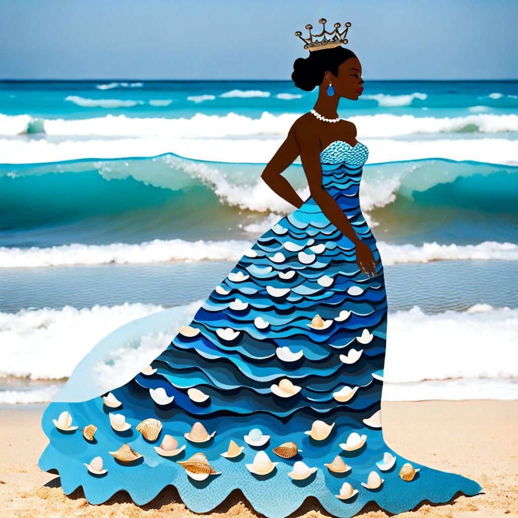 African American lady standing on the beach. Waves of Caribbean blue ...