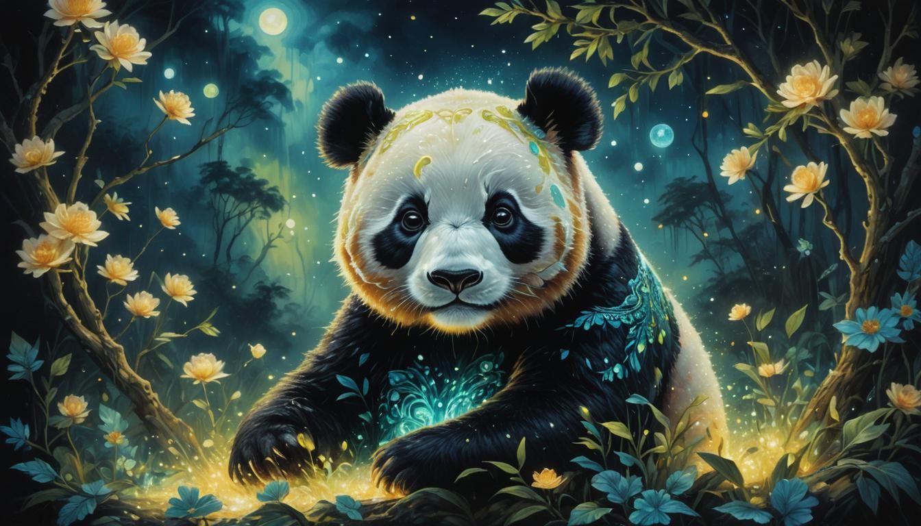 a glowing bioluminescent fantasy panda in the dark, glowing particles ...