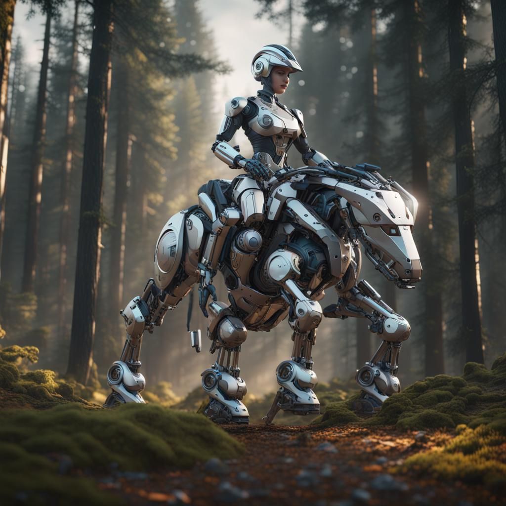 A hyper-realistic cowgirl robot is riding a robot horse in the forest. intricate mech details ...