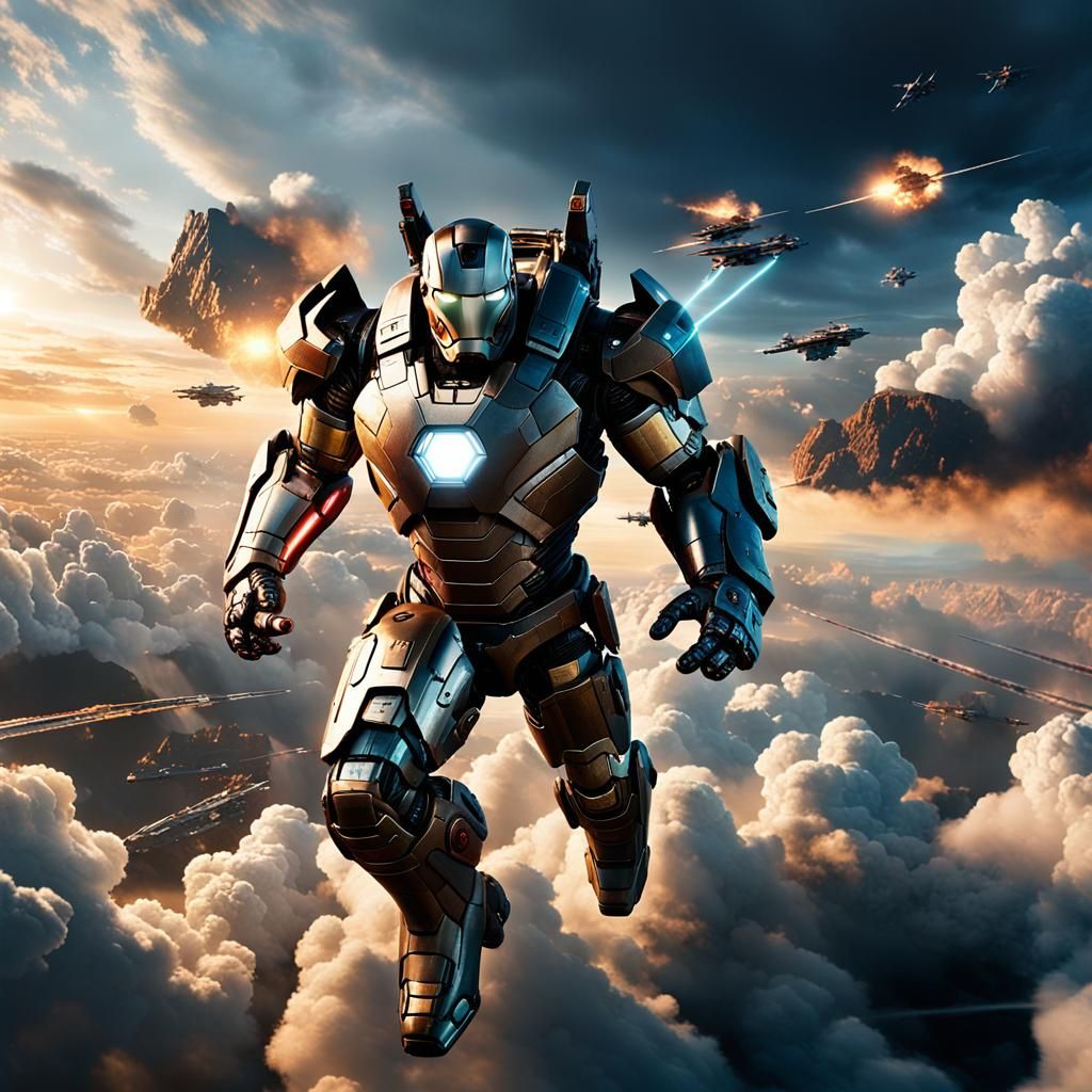 Tony Stark as War Machine flying through the clouds at sunset. - AI ...