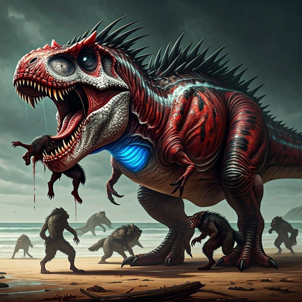 Mutated T-Rex Battles Werewolves in Dark Fantasy L... - AI Art