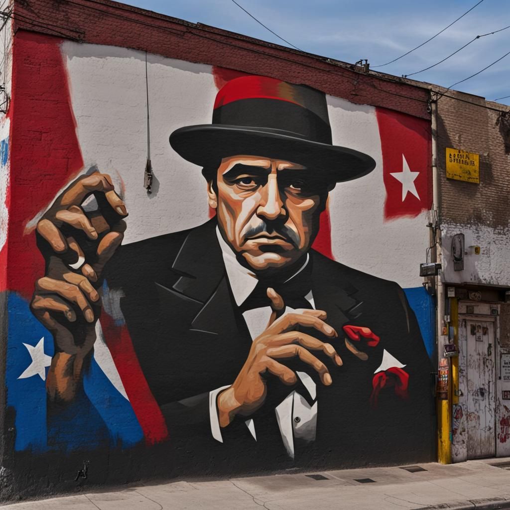 The Godfather Don Corleon mural with Puerto Rican flag, painted on corner store in ghetto, IRL ...