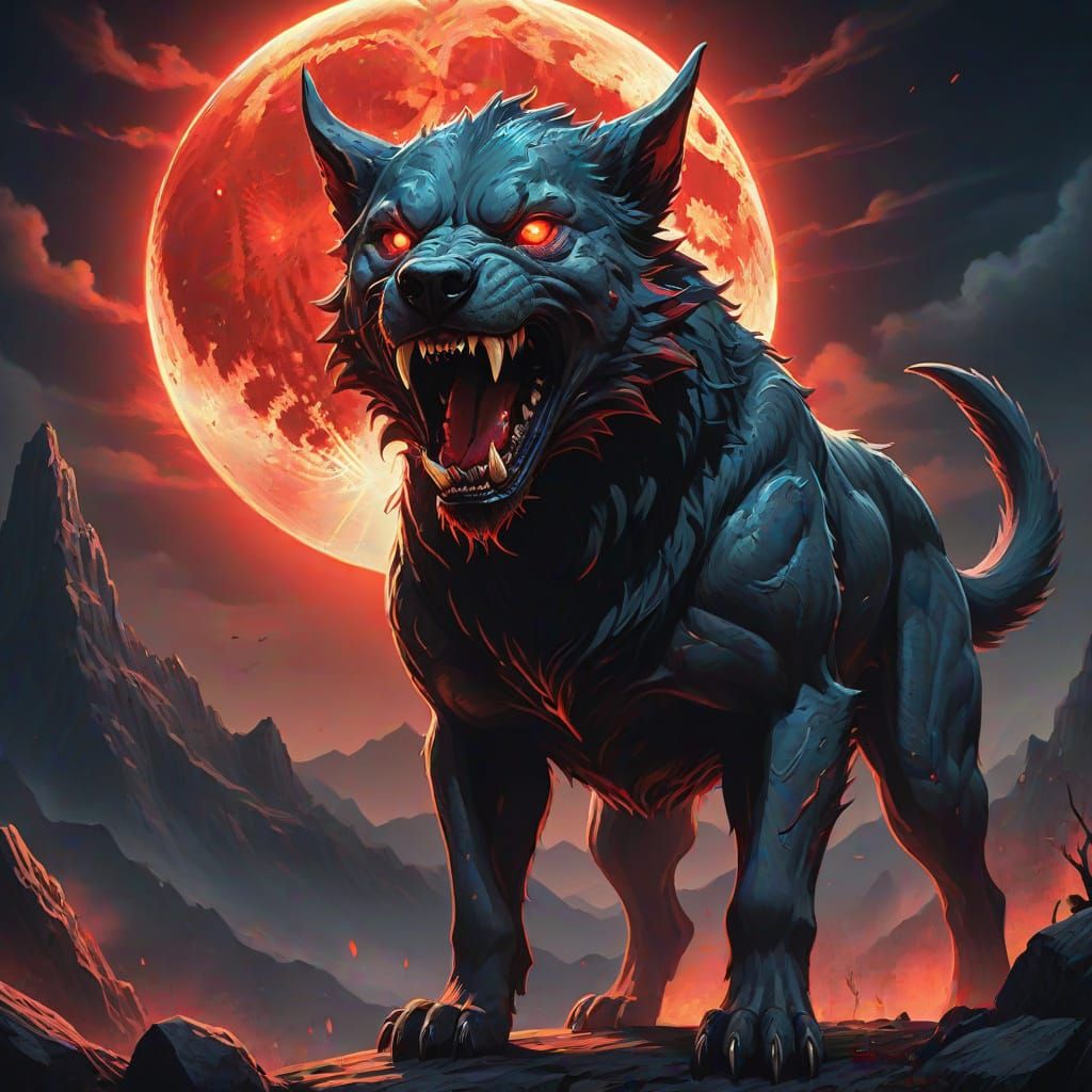 Hellhound howling at a blood moon - Fiery Hellhound Bays at ...