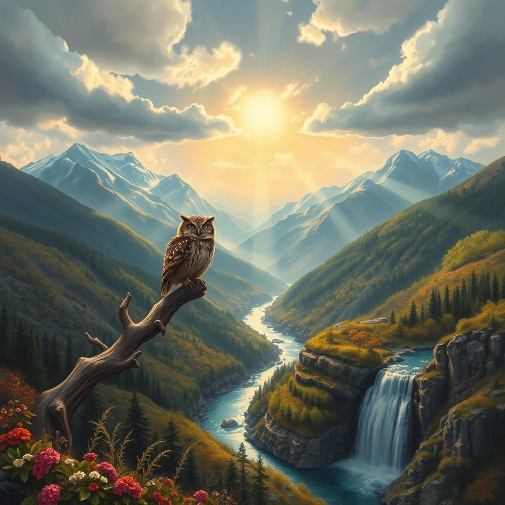 Búho real - Serene Owl Perched on Majestic Tree Branch in Id...