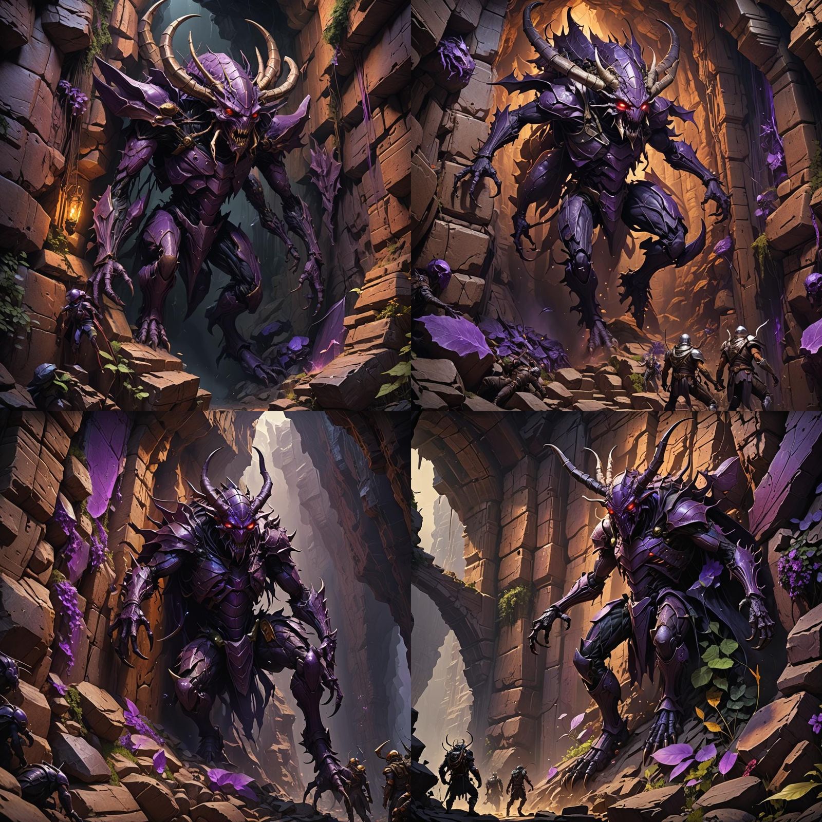 Giant insectoid demon climbing up a cavernous wall as a group of ...