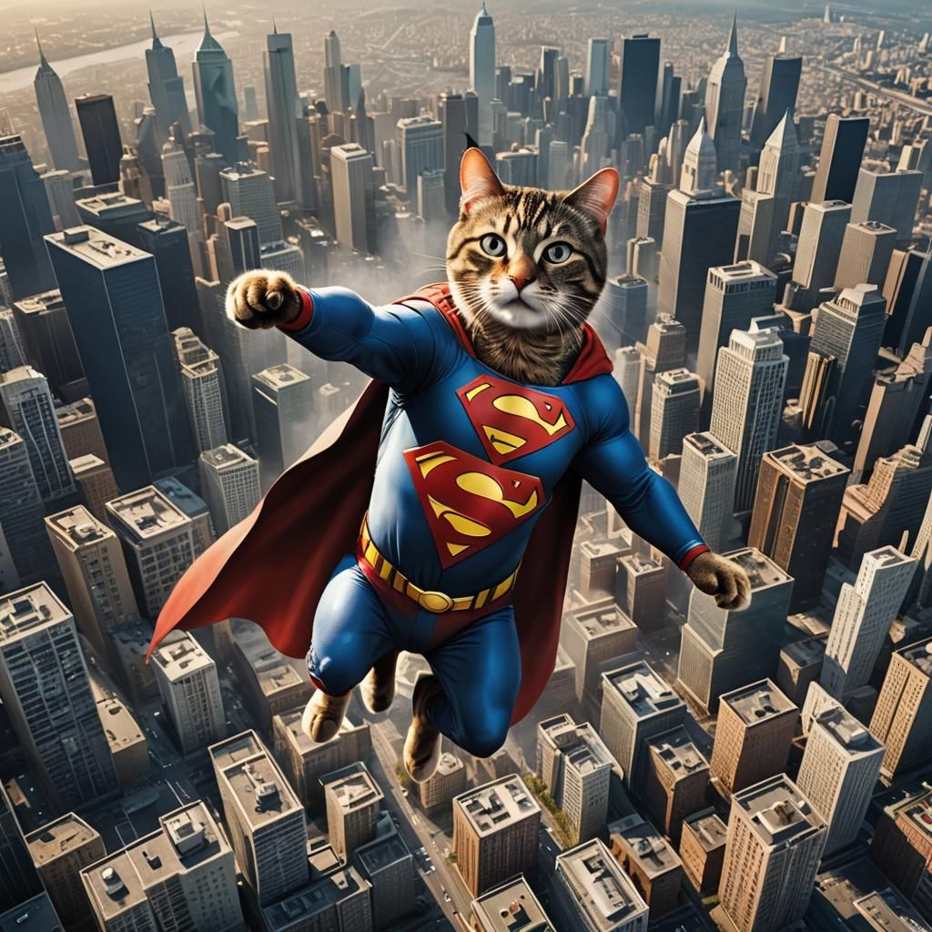 Cat dressed as Superman flying over the city / professional photography ...