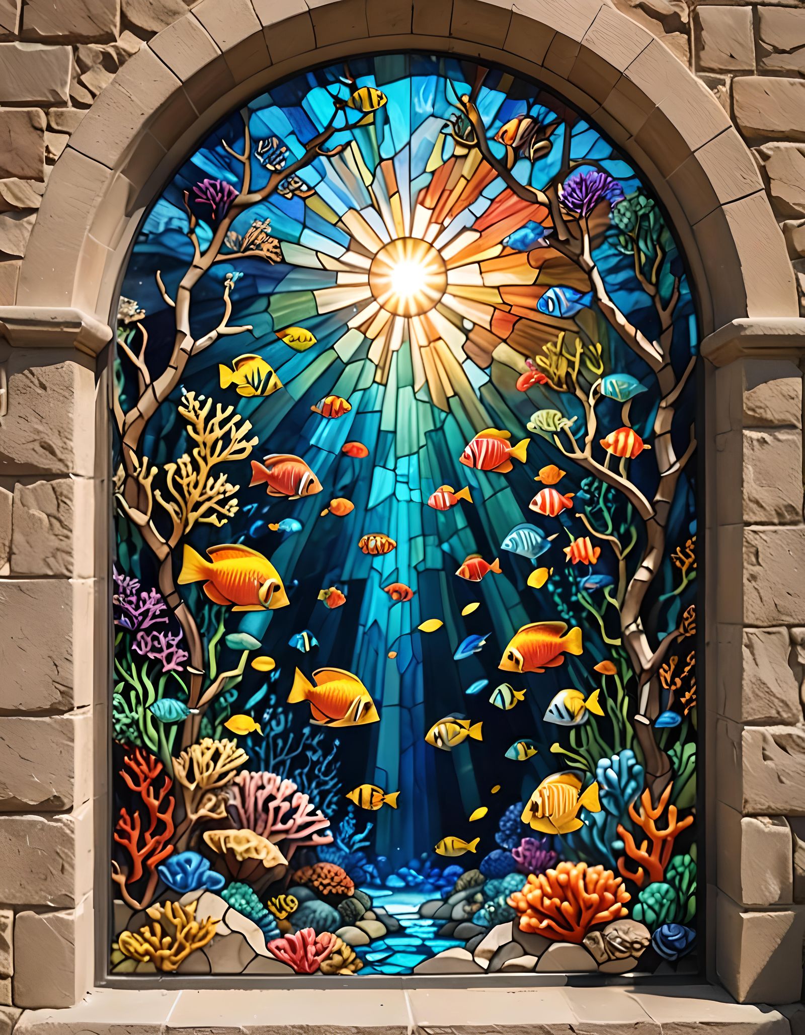 A stained-glass window in a narrow sandstone arch, depicting a coral ...