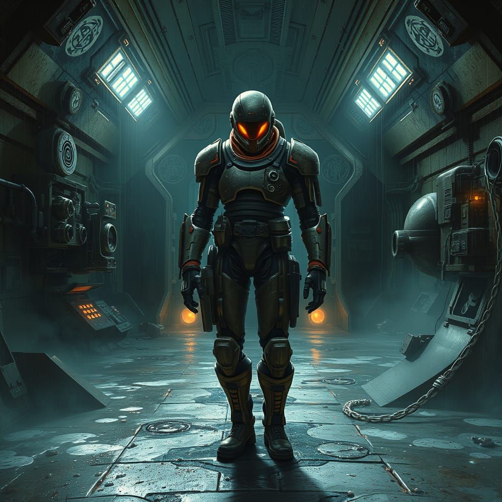 Cyborg in Ancient Starship Chamber, Gritty Realism - AI Art
