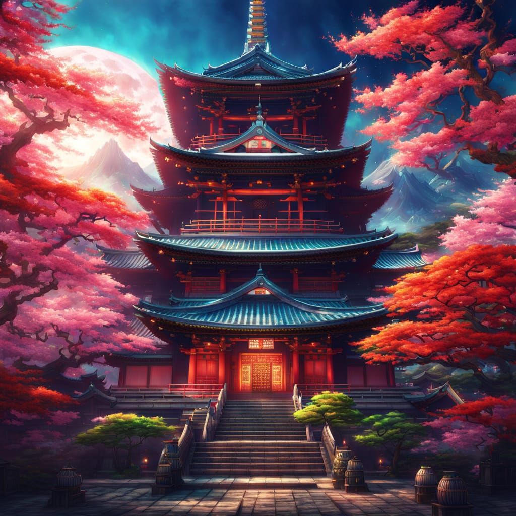 Red Temple - Epic Fantasy Japanese Temple in Stunning Digit...