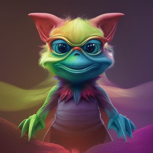 overdetailed portrait of a rainbow colored Gremlin in the enchanted ...