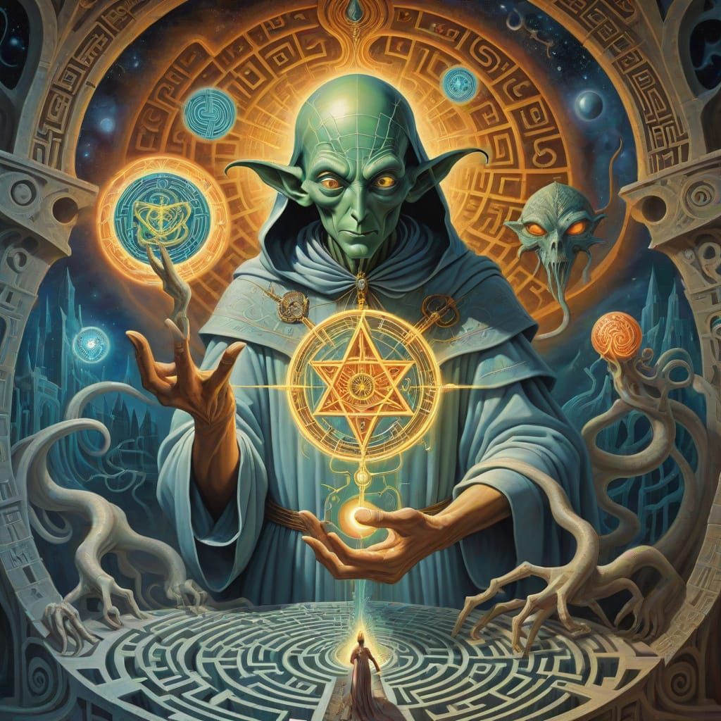 fresco of a divine beautiful godlike alien alchemist holding an ...