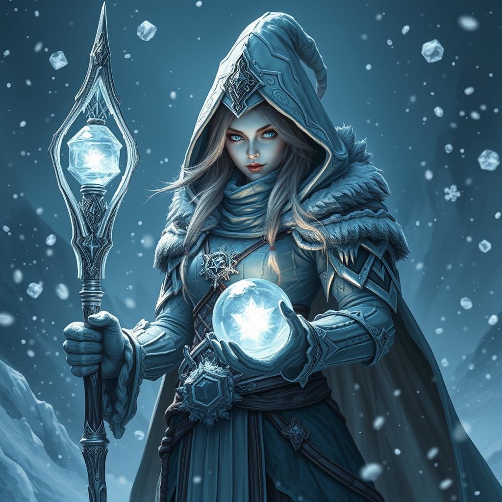 A photograph of a powerful female ice wizard stand... - AI Art
