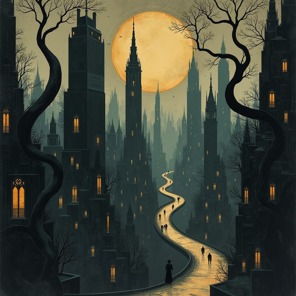 Elegant Art Nouveau Cityscape in a Macabre Dreamsc... - AI Art