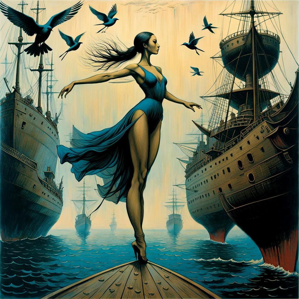 LITHE dancer, PHANTOM ship deck, birds, lithography print, enigmatic, DYSTOPIAN, ZDZISLAW ...