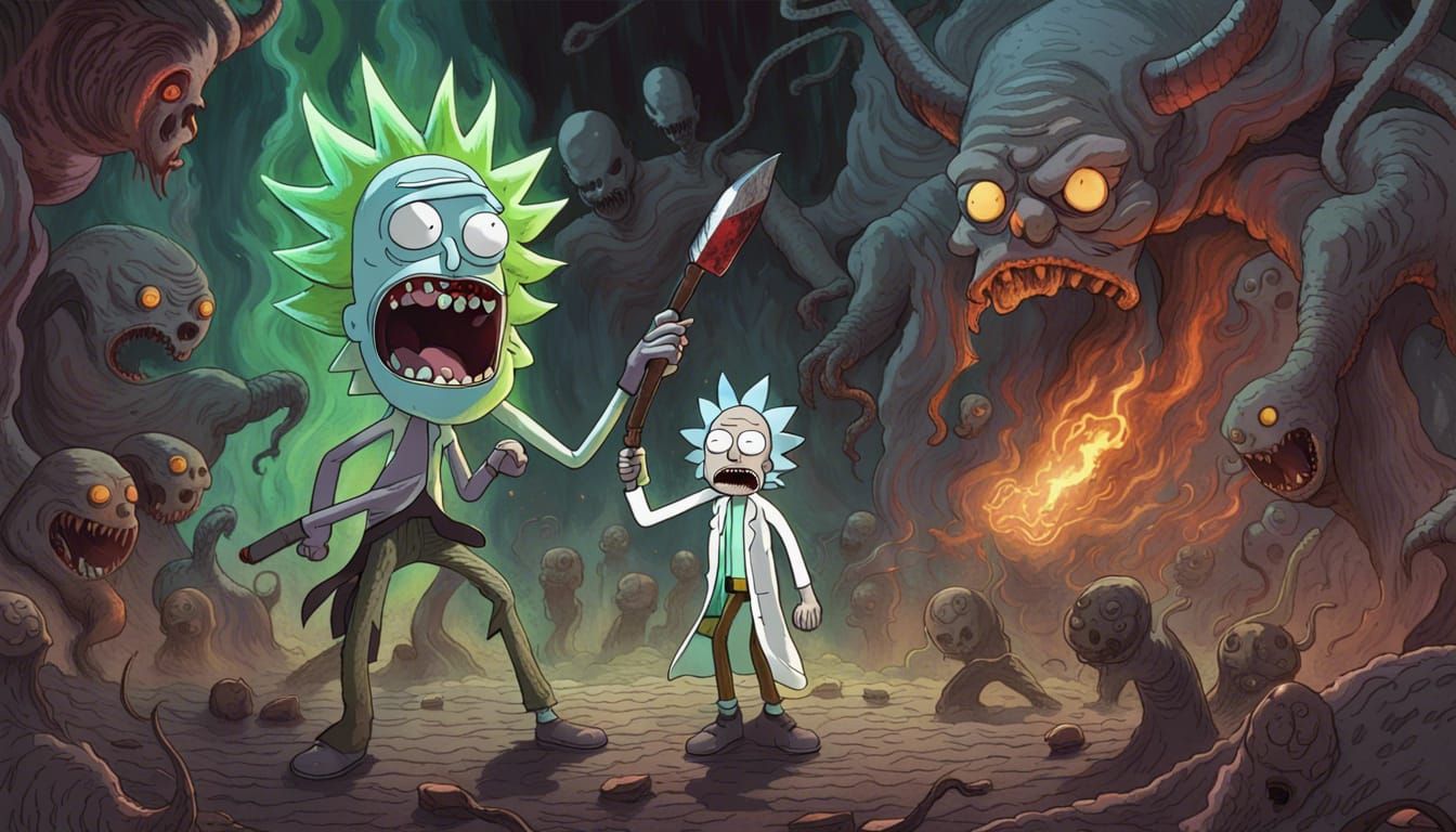Rick and morty fight Demons, hell, drunks, psychology, crazy - AI ...