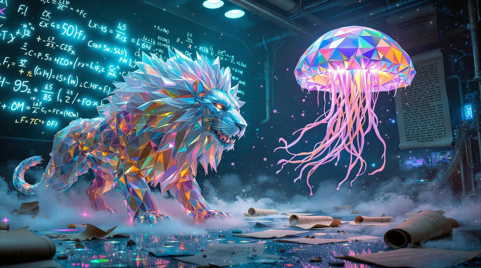 Quantum Creatures in Shattered Laboratory Scene - AI Art
