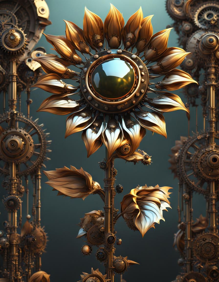 metal mechanical steampunk flower sunflower. gems. the flower grows on ...