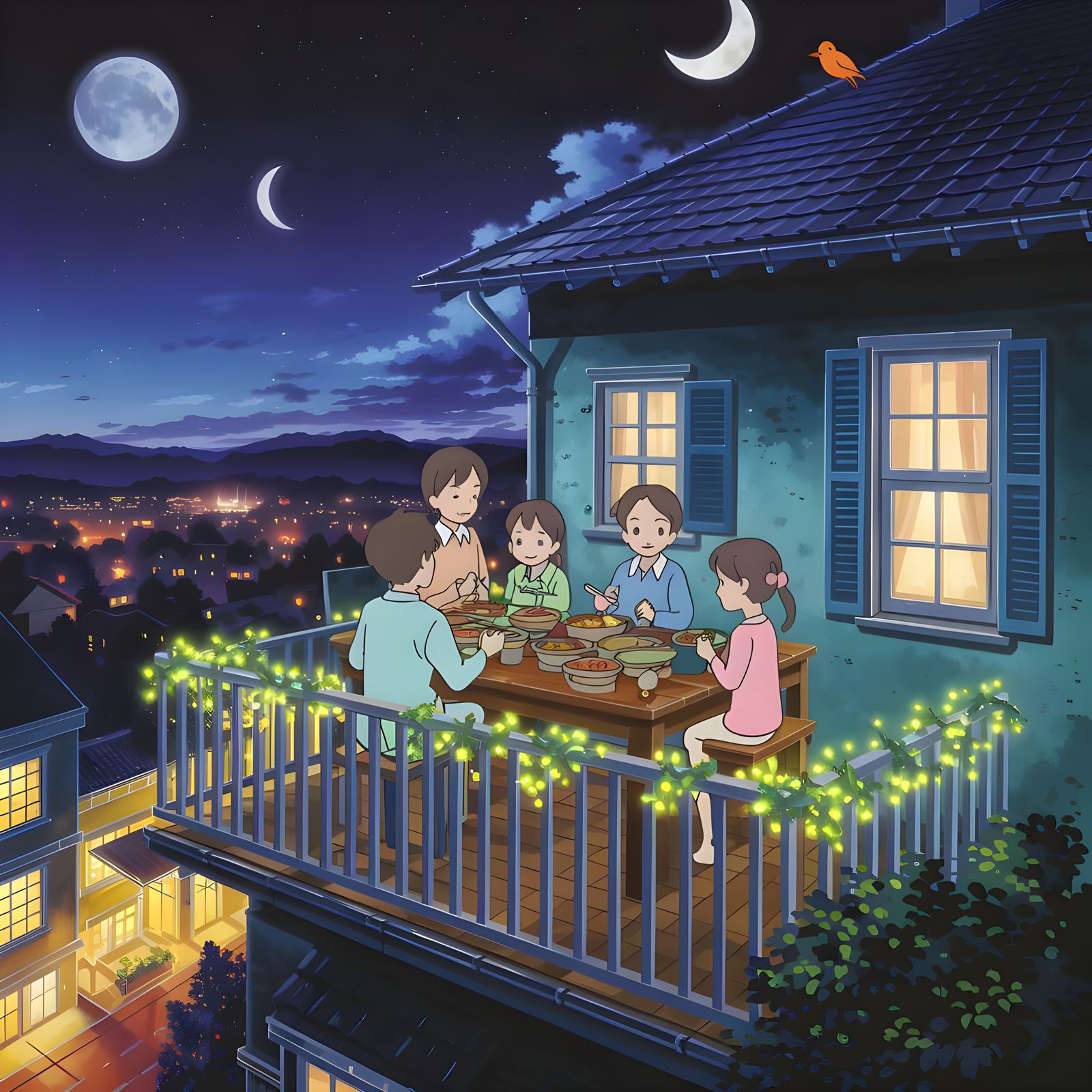 A lively, heartwarming animated scene of a family enjoying dinner ...