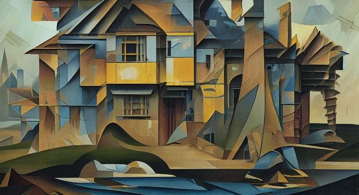 An old abandoned house on a distant island, abstract cubism Euclidean ...