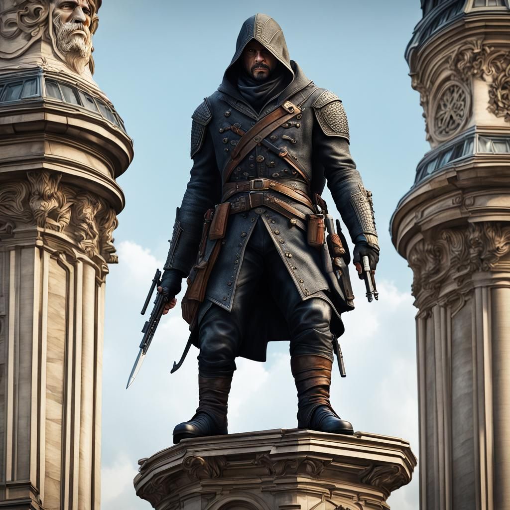 Masterpiece intricate Detaild assassin perched high up on the eitful ...