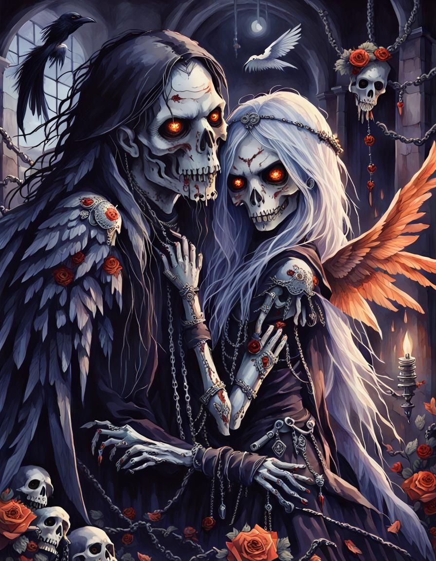 (macabre dark fantasy wattercolor painting of two undead zombie angel ...