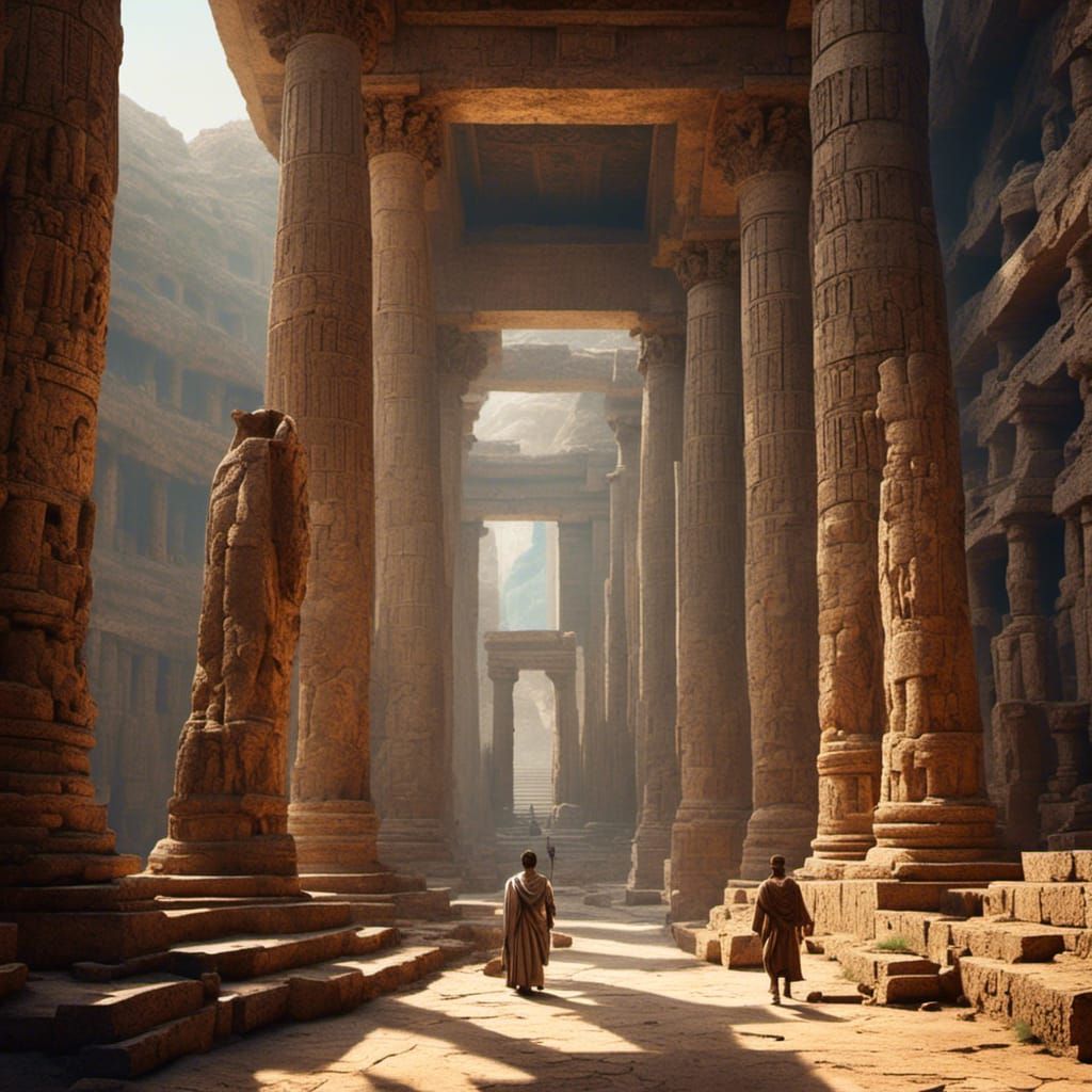 an archeologist walks through the middle of an ancient but pristine ...