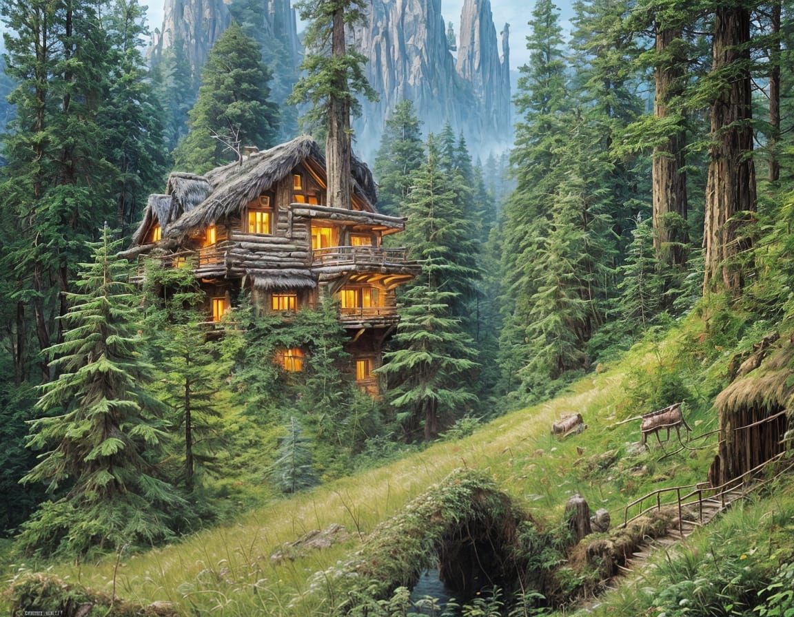 Ewok Village in Endor's Skyline - AI Art