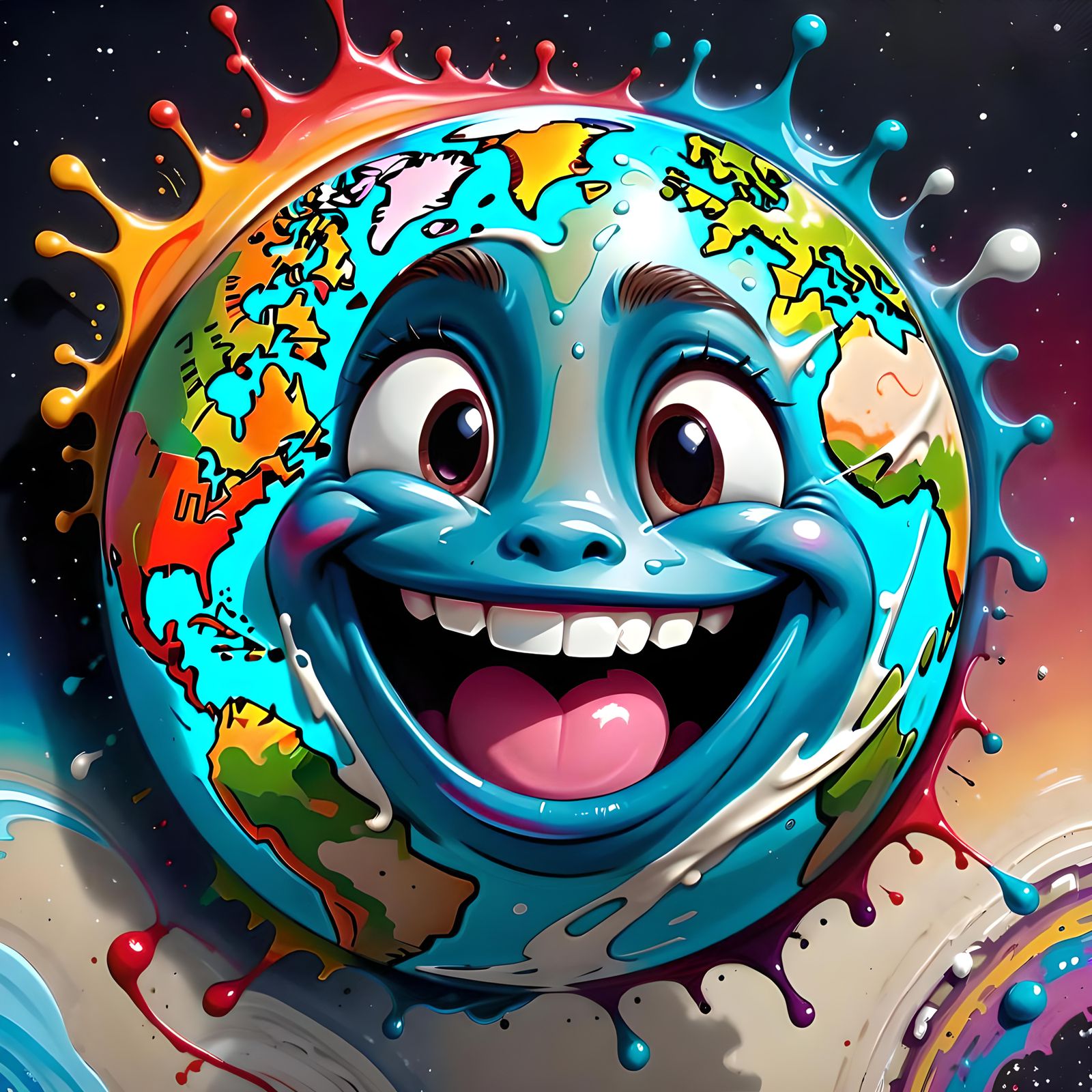 A portrath of a very happy and adorable cartoonish planet Earth as seen ...